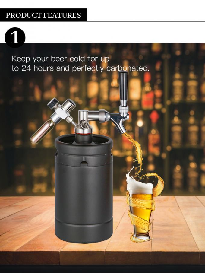 Matte Black Pressurized Mini Keg , 2L 64oz Pressurized Beer Mini Keg System