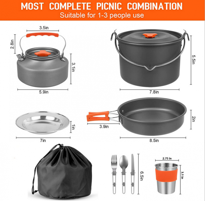 Large Size Outdoor Cookware Set , 4 People Aluminium Camping Cook Set